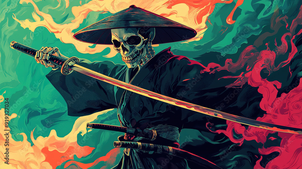 Intricate vector illustration of a skeleton samurai in traditional ...