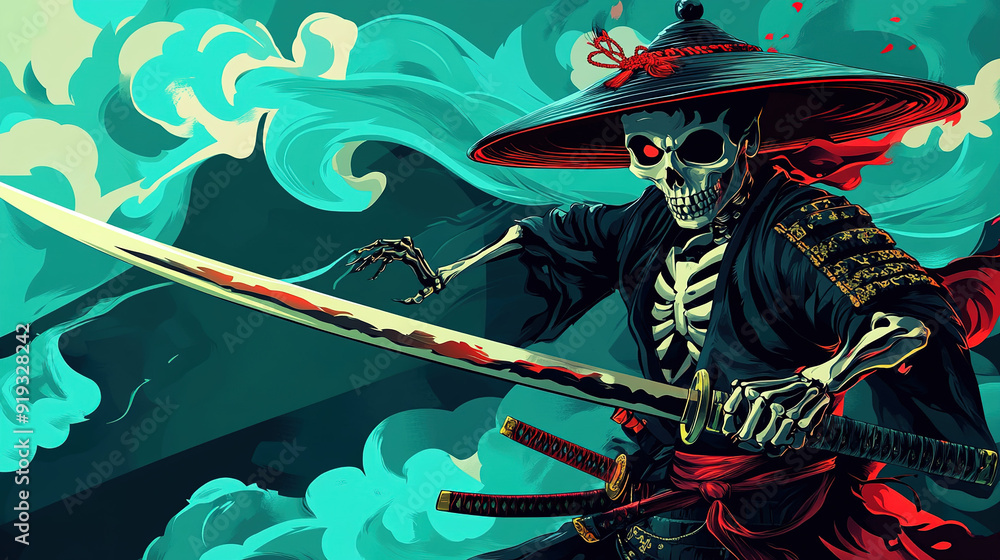 Intricate vector illustration of a skeleton samurai in traditional ...