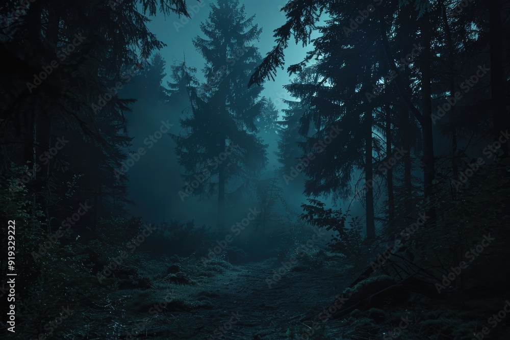 Mysterious dark forest scene at night with eerie tree shadows stretching across the ground, fog ...