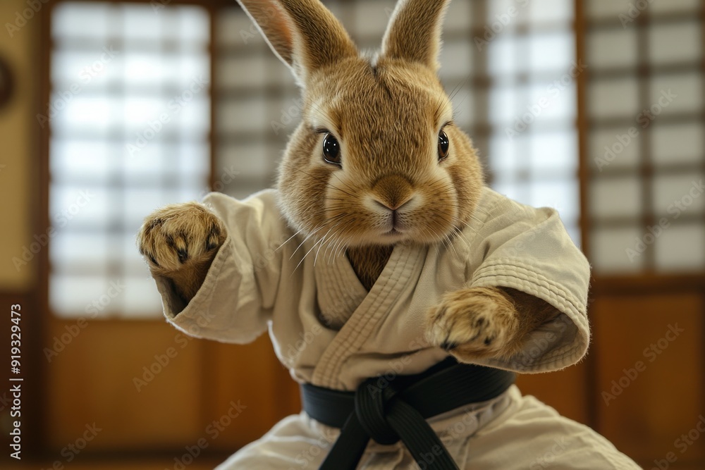 An anthropomorphic rabbit wearing a karate gi demonstrates a martial ...