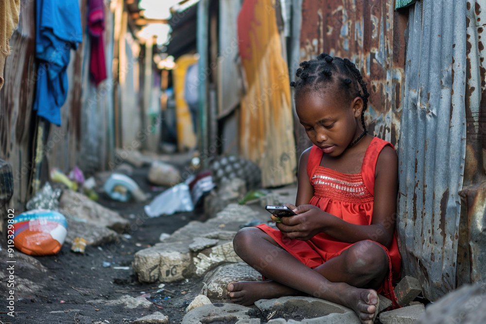 African girl looking at mobile phone in the getto slums. Homeless child ...