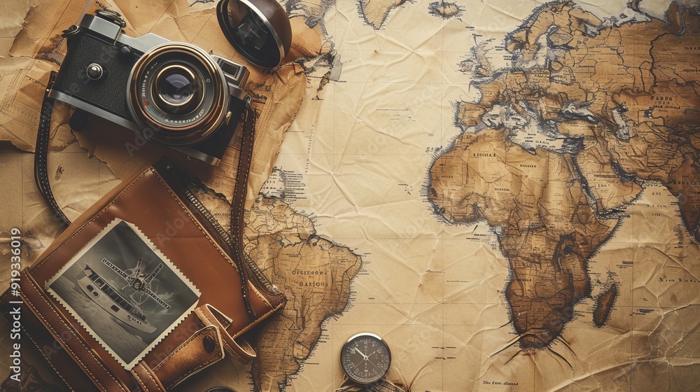 Vintage travel background with retro photos, map, and old suitcase for ...