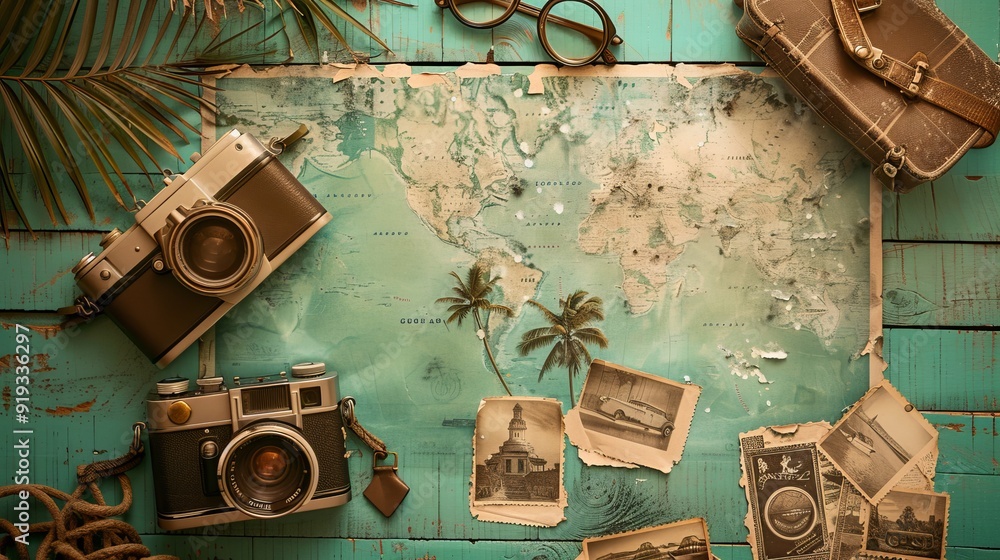 Vintage travel background with retro photos, map, and old suitcase for ...