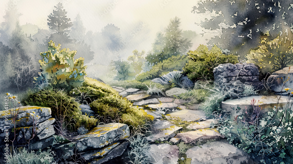 Detailed watercolor of a rock garden, moss, stone pathways, soft ...