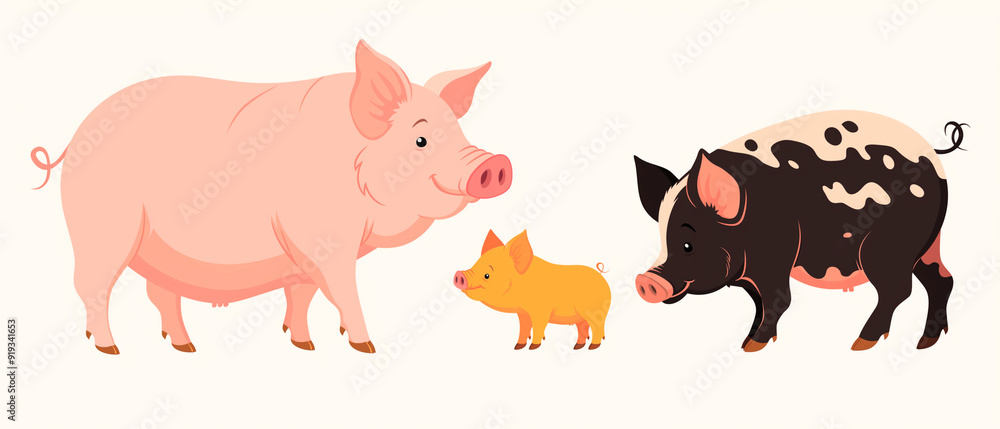 Happy Pig Family.A charming illustration of a pig family, showcasing ...