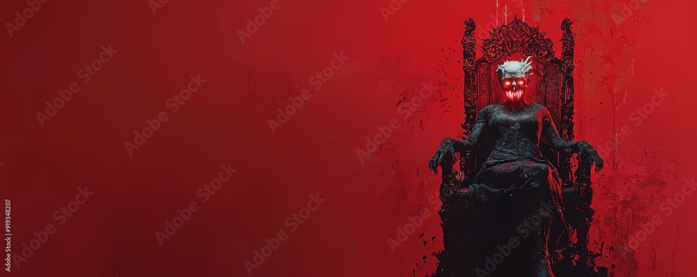 Vampire queen with glowing fangs, sitting on an ornate throne, dark ...