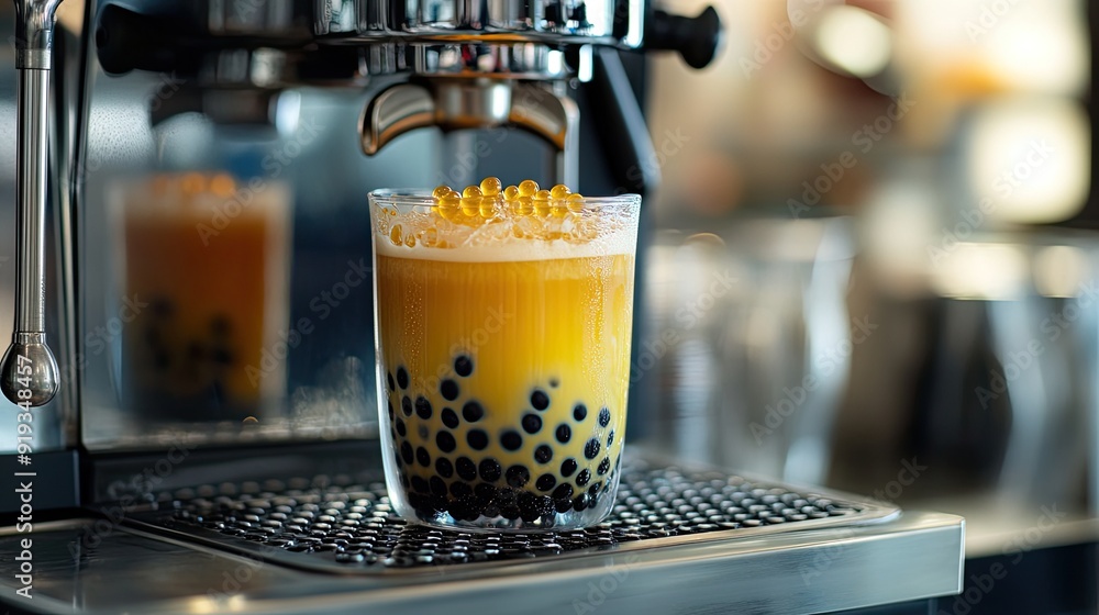 High-res image of a vibrant black and yellow boba tea, elegantly placed ...