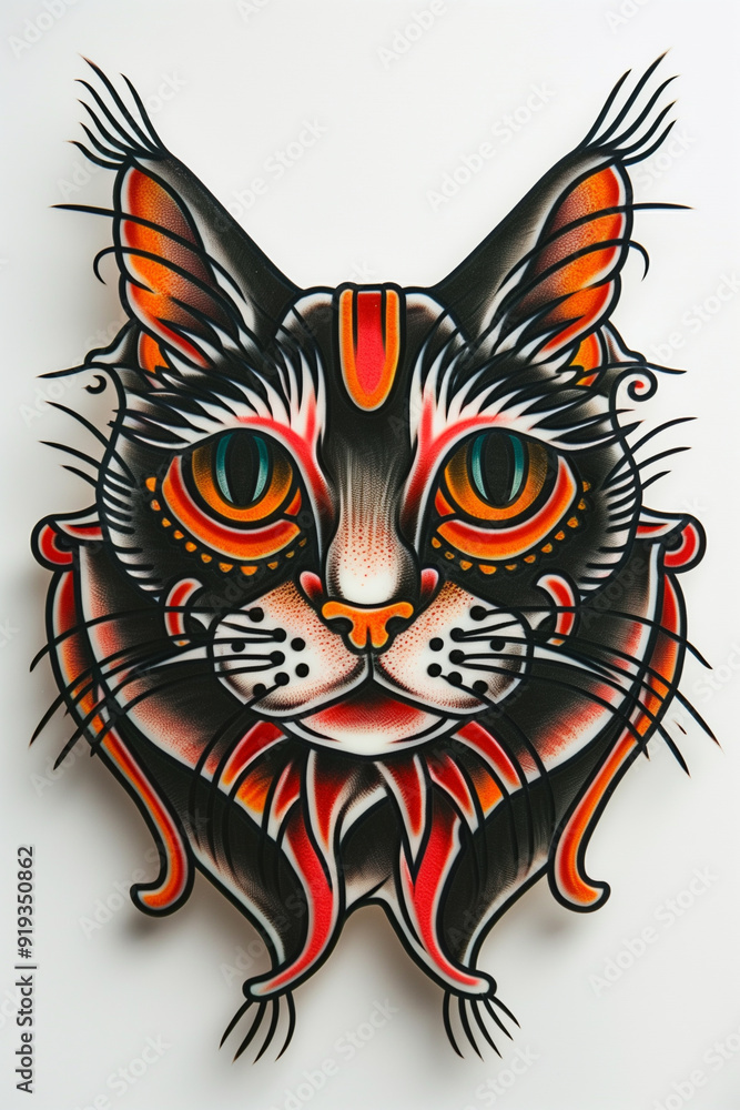 cat tattoo, american Neo Traditional tattoo style, tattoo flash, white ...