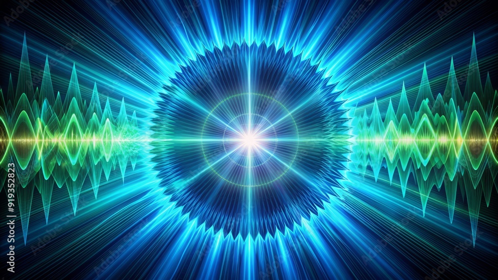 Vibrant geometric sound wave pattern in shades of blue and green ...