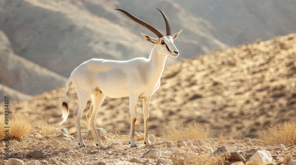 The rare and endangered Addax antelope, known for its curved horns ...