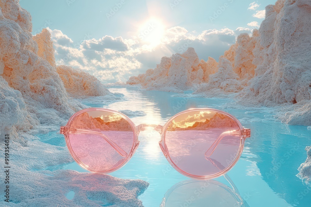 surreal largerthanlife glasses floating in a dreamlike landscape ...