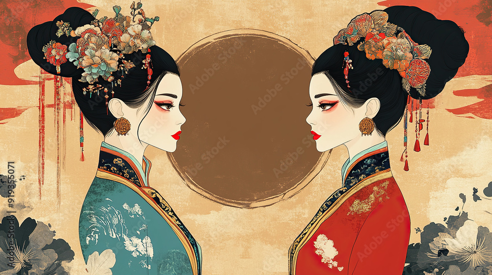 Portrait of Chinese women in traditional attire Stock Illustration ...