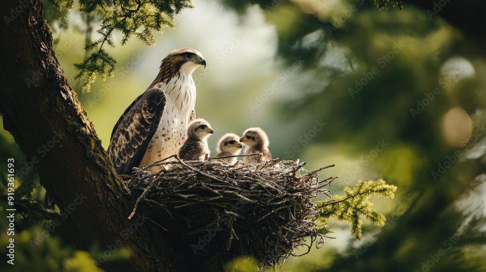 A hawk nest with young chicks, high up in a tree, with the parent hawk ...