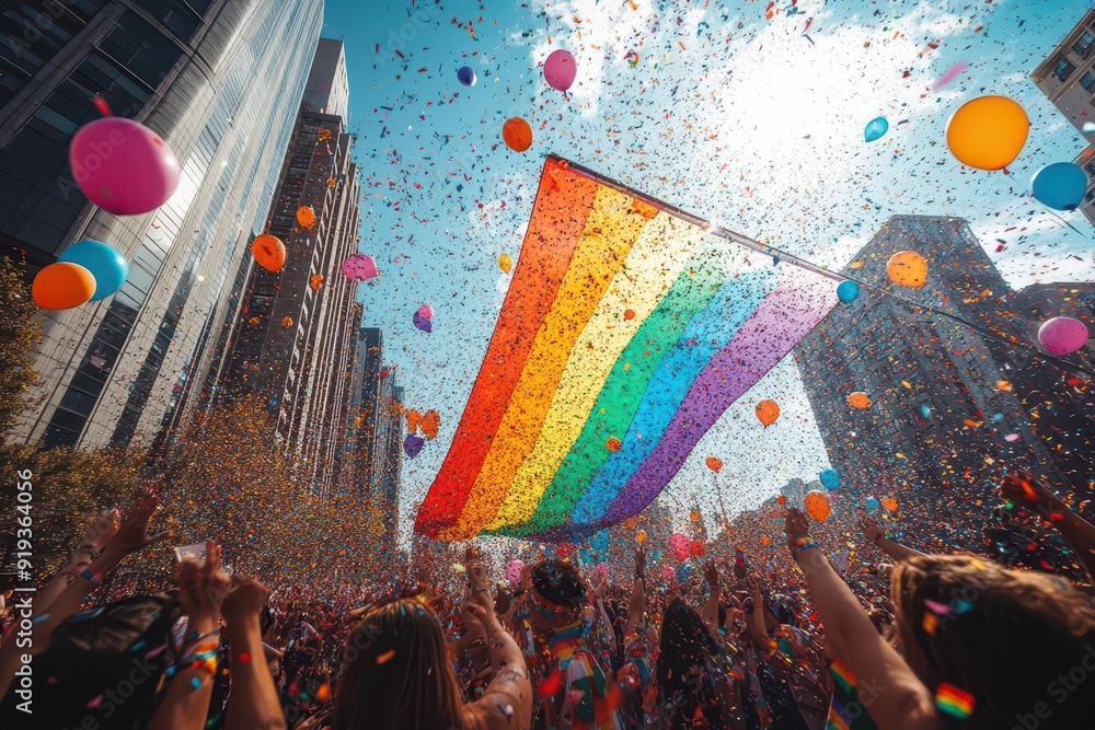 vibrant pride parade scene with a giant rainbow flag billowing over a ...
