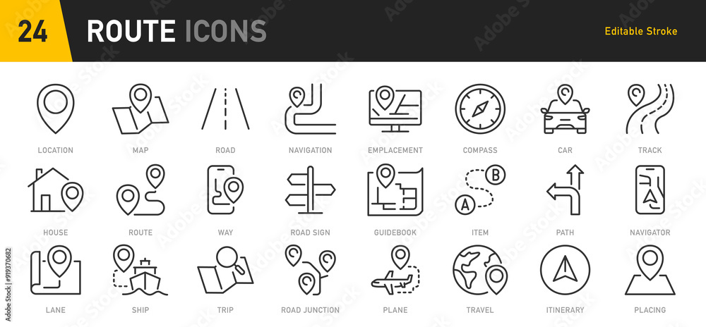 Route web icons in line style. Navigation, location, route map, traffic ...