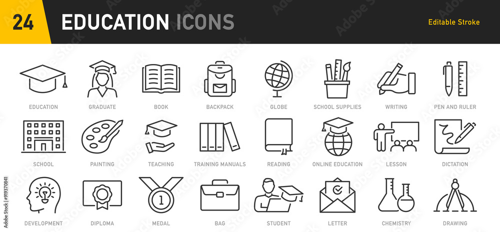 Education web icons in line style. School, university, success ...