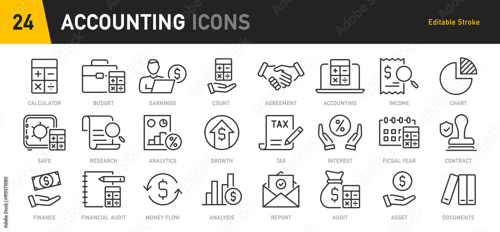 Accounting web icon in line style. Assessment, calculator, check mark, auditing, inspection ...