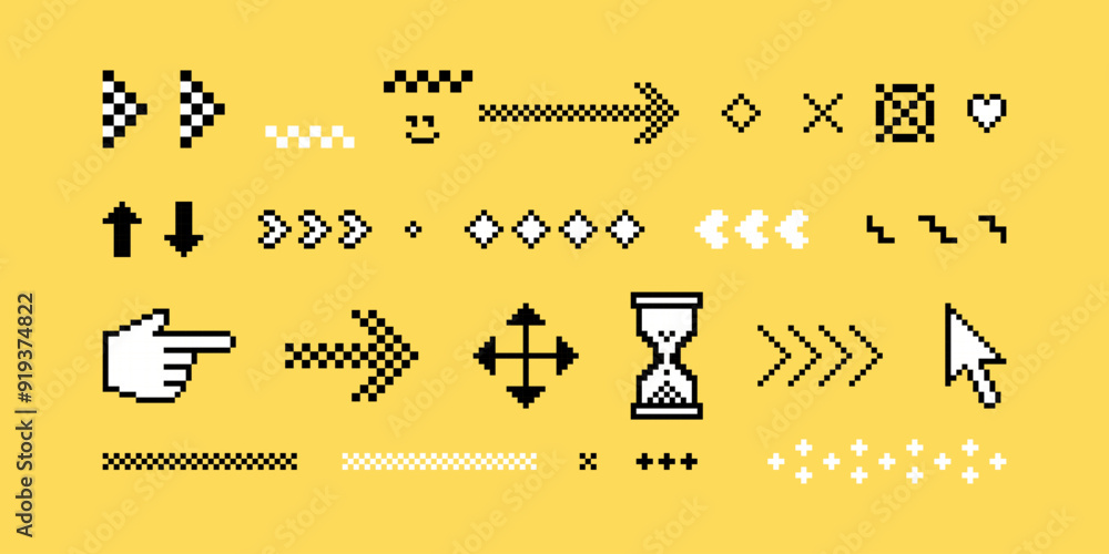 Arrow and cursors icons click set in pixel art. Pixels elements set in ...