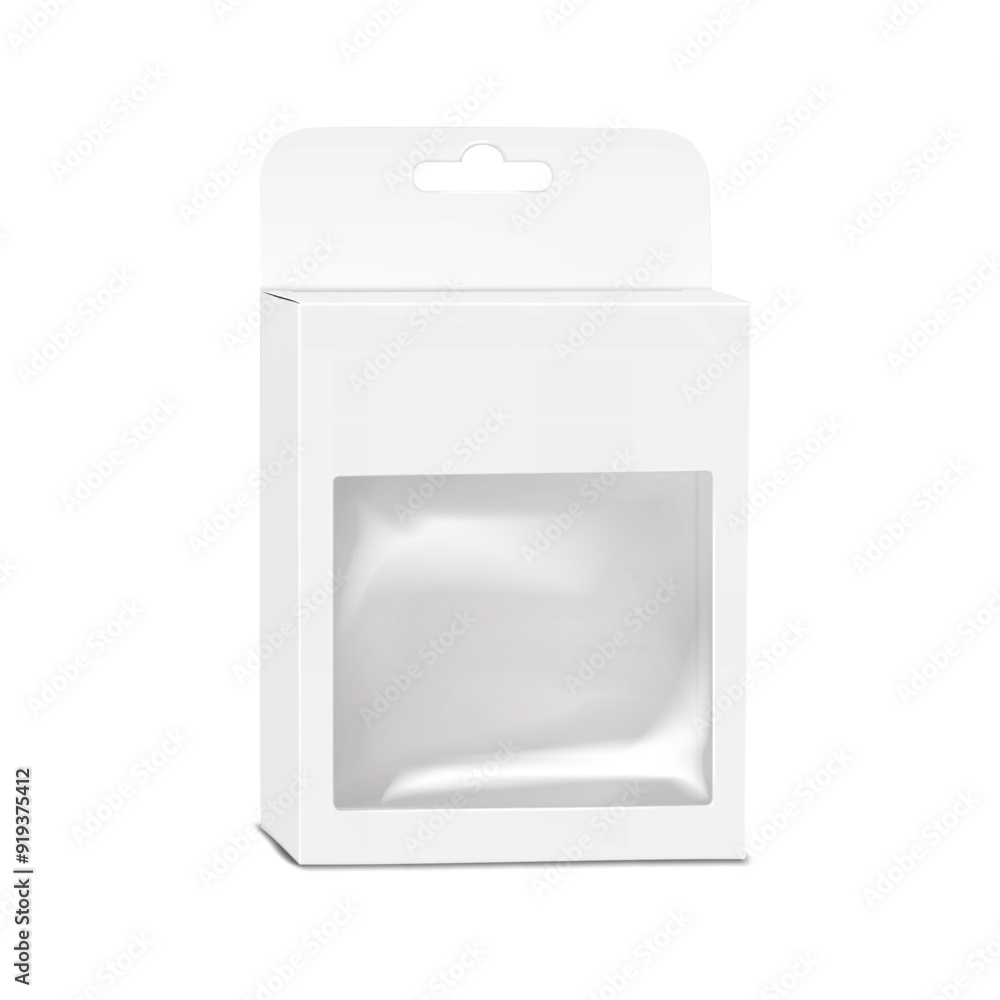 Blank thin white paper box with square clear plastic window and euro ...