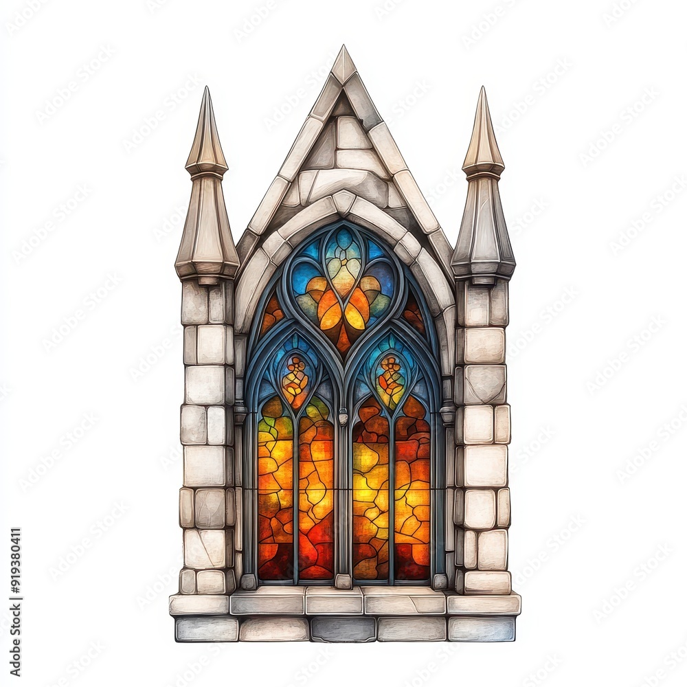 Gothic lancet window with stained glass in a historic stone façade ...