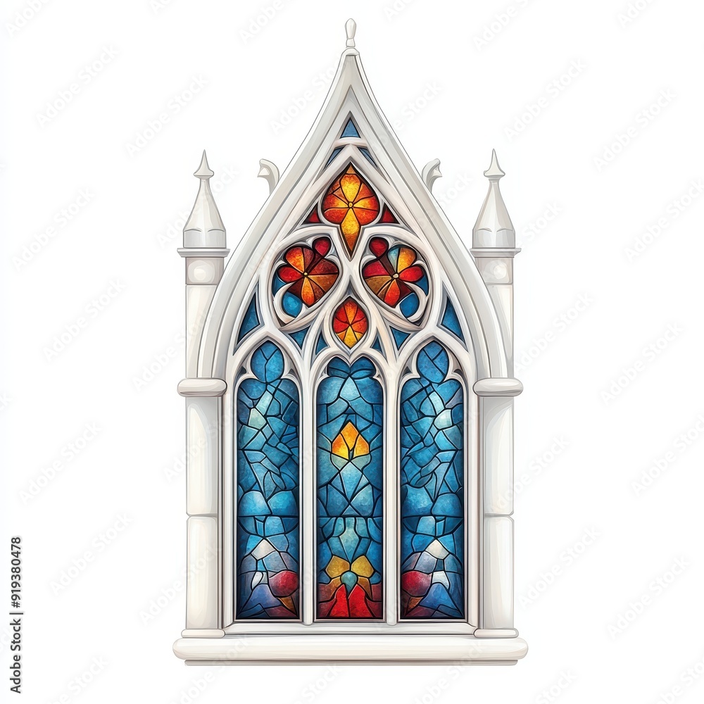 Neo Gothic lancet window with vibrant stained glass in a historic ...