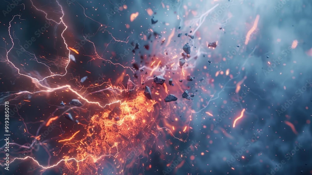 A fiery collision of elements, with blazing lightning, erupting flames ...