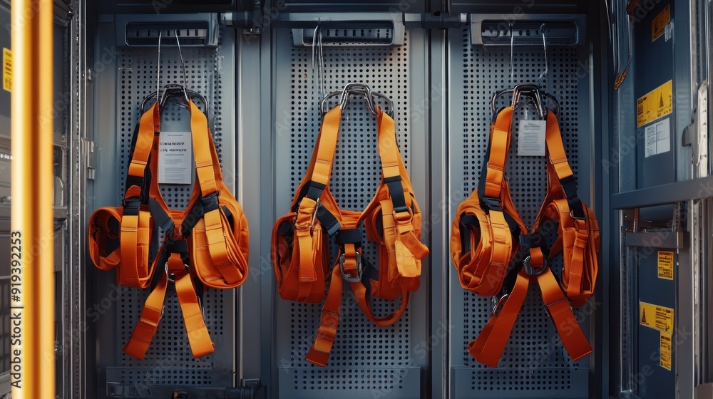 Generate a photo realistic image of workers inspecting safety harnesses ...