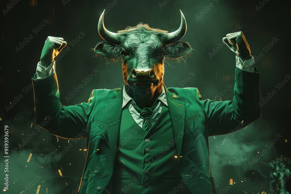 Bull-headed man in a green suit celebrating on stage, symbolizing stock ...