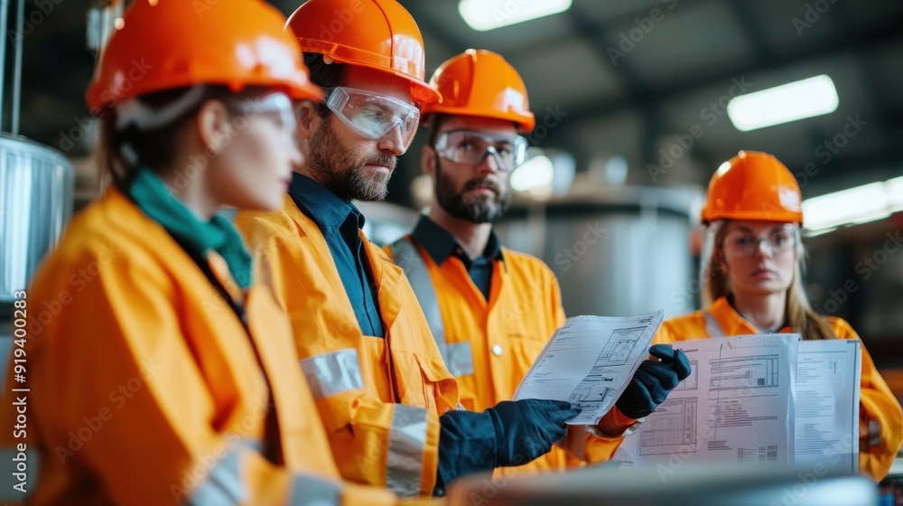 Generate a photo realistic image of workers participating in hazard ...