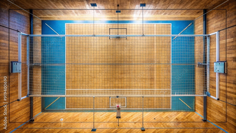 Volleyball court in old school gym with net, top view, sports image ...