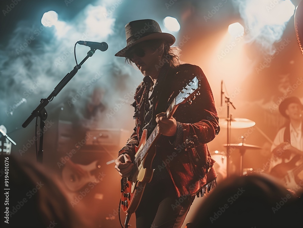 Musician performing on stage in a live concert with dramatic lighting ...