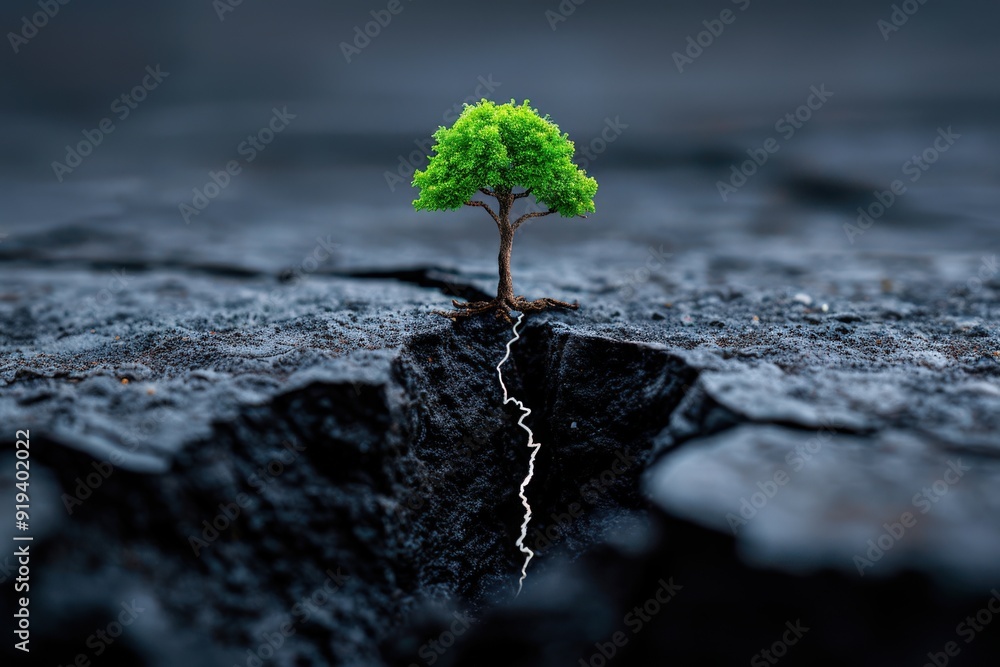 A small tree growing determinedly despite the challenges of sprouting ...