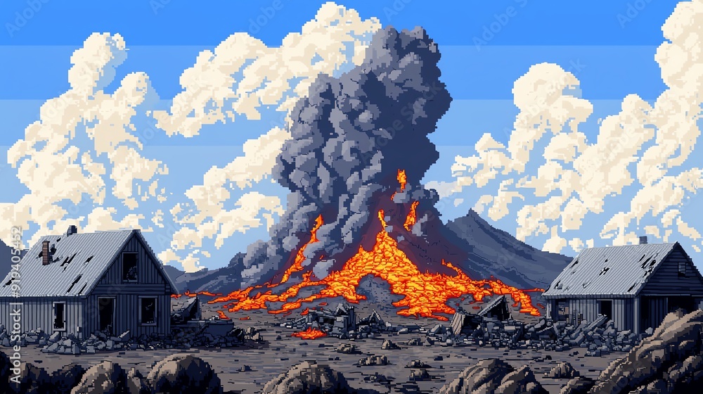 Pixel art of a devastated island after a catastrophic volcanic eruption ...