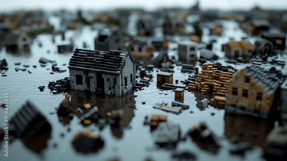 Pixel art of a city submerged after a catastrophic dam failure Stock ...