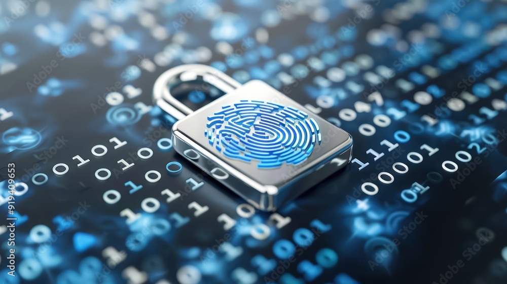 Metal padlock displaying a fingerprint on a digital background with ...