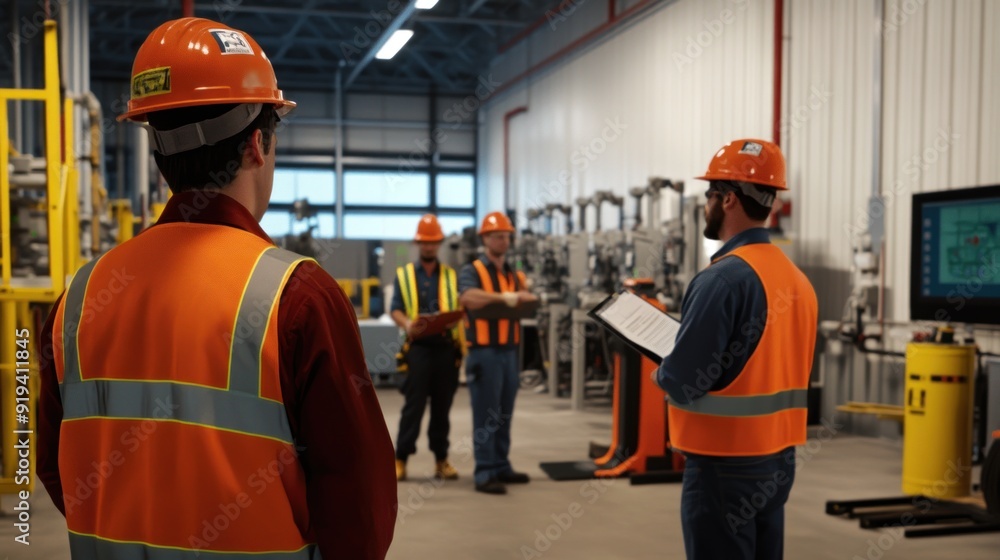 Generate a photo realistic image of workers receiving training on the ...