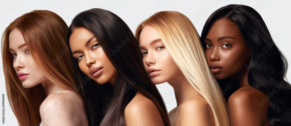 Four women with different hair colors are standing next to each other ...