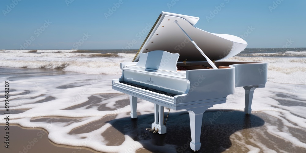 The picture of the white grand piano placing at beach under the ...