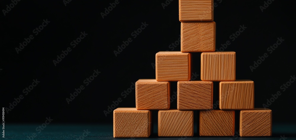 Closeup of wooden blocks being arranged in a pyramid formation ...
