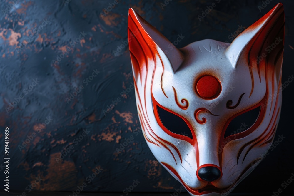 A Japanese red fox mask with a white circle on the forehead, often worn ...
