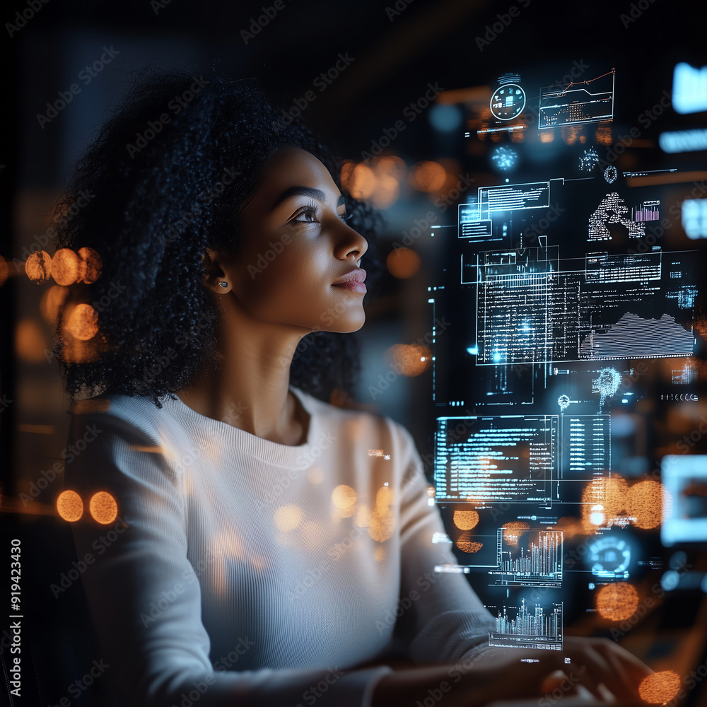Data Driven Dreams: A young woman, gazing thoughtfully at a holographic ...