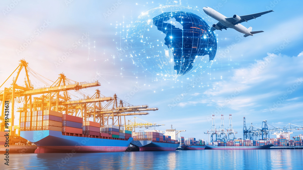 International trade and shipping, a scene showing a bustling port with ...