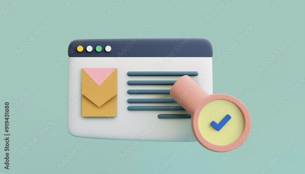 Colorful digital illustration of an email browser with a check icon ...