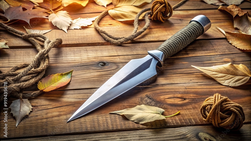 A sharp, silver kunai throwing knife with a cord-wrapped handle and ...