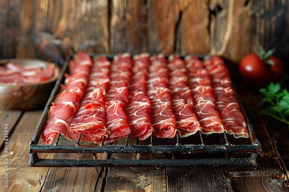 Sun-drying racks filled with strips of meat, set against a rustic ...