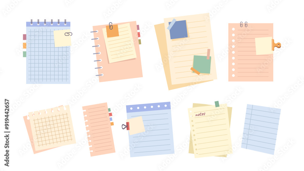 Note sheets sticky collection, isolated memo messages, notebooks pages ...