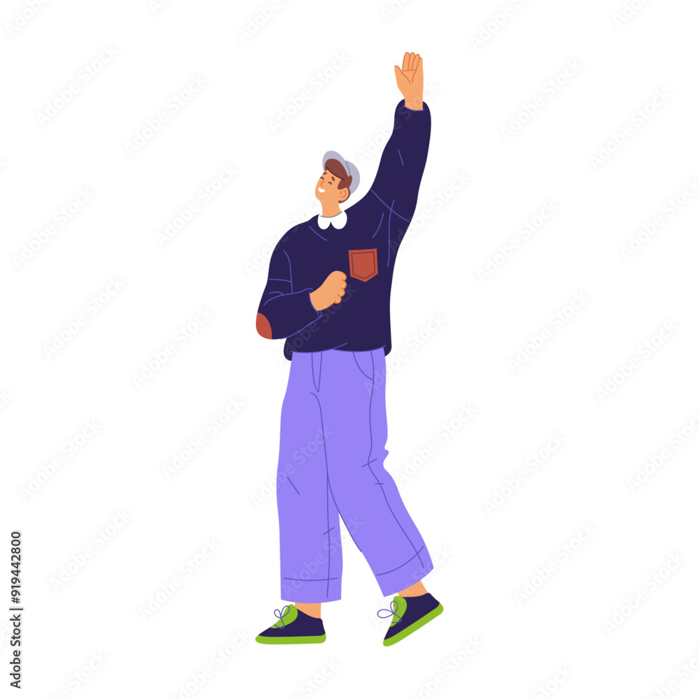 Man raising hands in happy manner, flat cartoon vector illustration ...