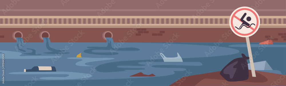 Water pollution, environmental disasters. Vector plastic and glass ...