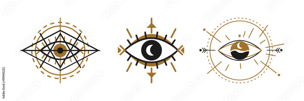 Mystic eyes and crescent moon with arrows, occult and magic symbols set ...