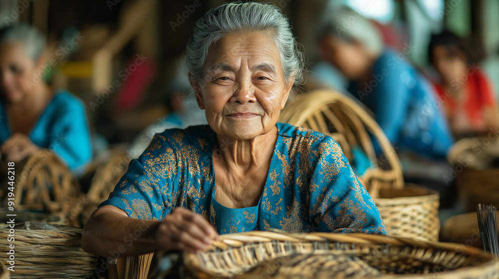 The image of a smiling and happy old woman. She has been working on the ...
